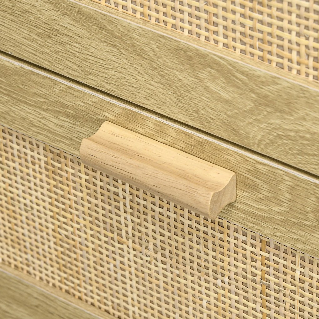 HOMCOM Komoda s 4 zásuvkami v boho stylu s ratanovým předním panelem, světle dřevěná, 90Š x 45H x 108,5V cm
