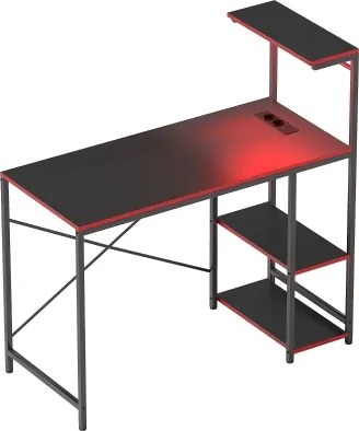 Herní stůl HOMCOM s LED, 110x50 cm, zásuvky, police a dálkové ovládání, pro domácnost/studio, černý v karbonovém vzhledu