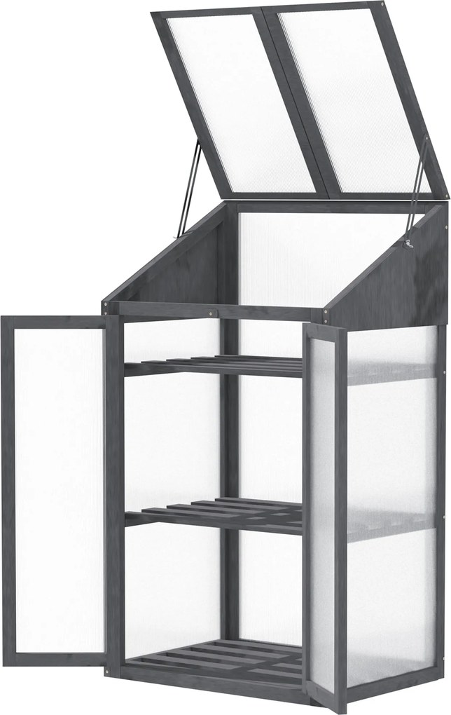 Outsunny Dřevěný Mini Skleník 70 x 50 x 120 cm, Skleník s Krytem, Okno, Dvojité Dveře, Světlo-Propouštějící Studený Rám se 3 Policemi, Zimní Ochranný