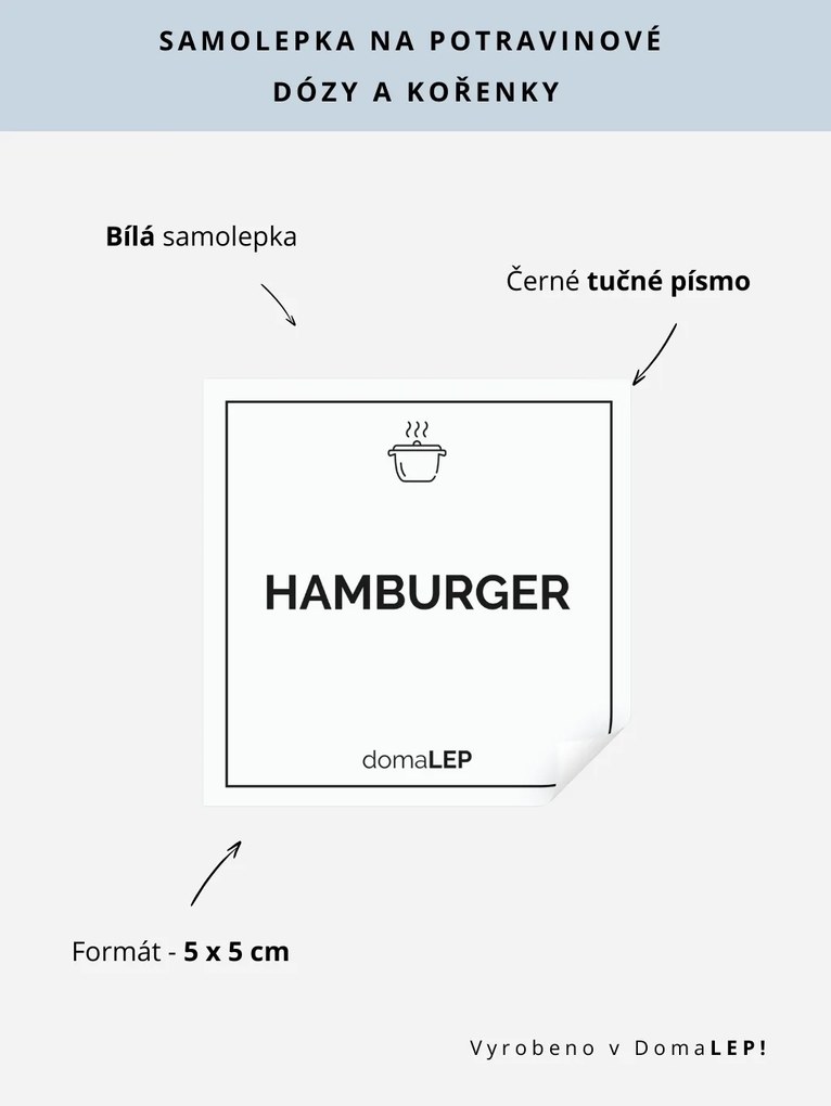 Samolepka na kořenky HAMBURGER bílá 5 × 5 cm tučné písmo