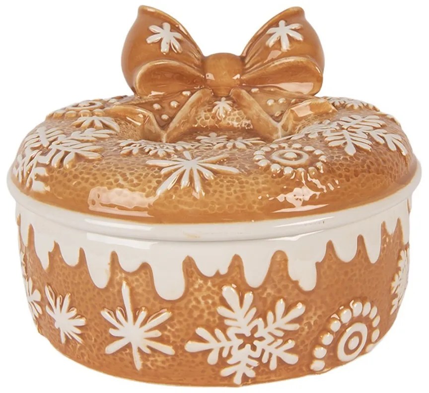 Hnědá keramická perníková dóza s mašlí a vločkami Snowflakes - Ø 20*13 cm