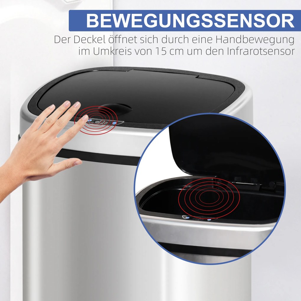 HOMCOM Odpadkový koš 58L, automatický odpadkový koš s infračerveným senzorem, hygienický, velký, nerezová stříbrná, D40,9xŠ28,9xV68 cm | Aosom.de