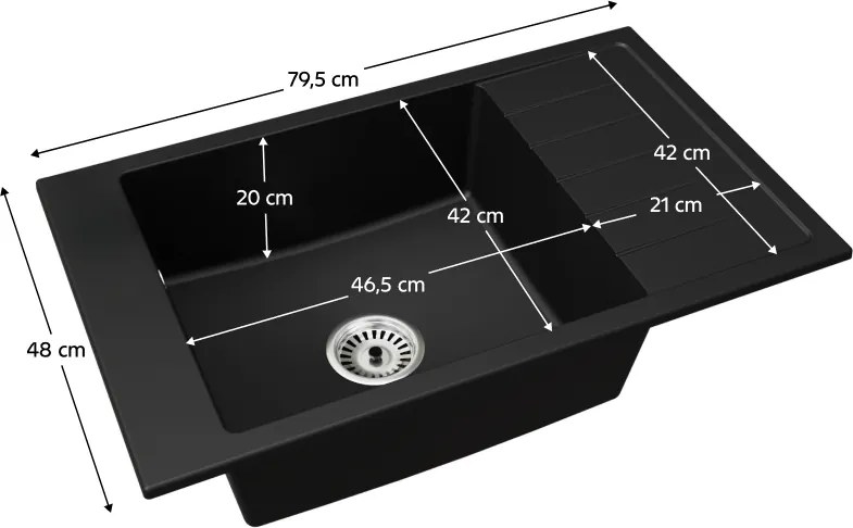Granitový dřez se sifonem a odkapávací plochou, univerzální, černá, 79,5x48, LUSIN