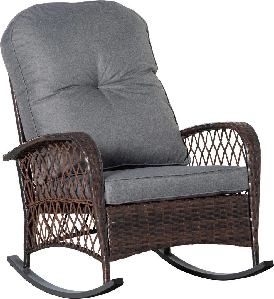 Outsunny Poly Rattan Houpací Křeslo s Polštáři, Zahradní Křeslo, Lounge Nábytek, Hnědé 75 x 98 x 91 cm | Aosom