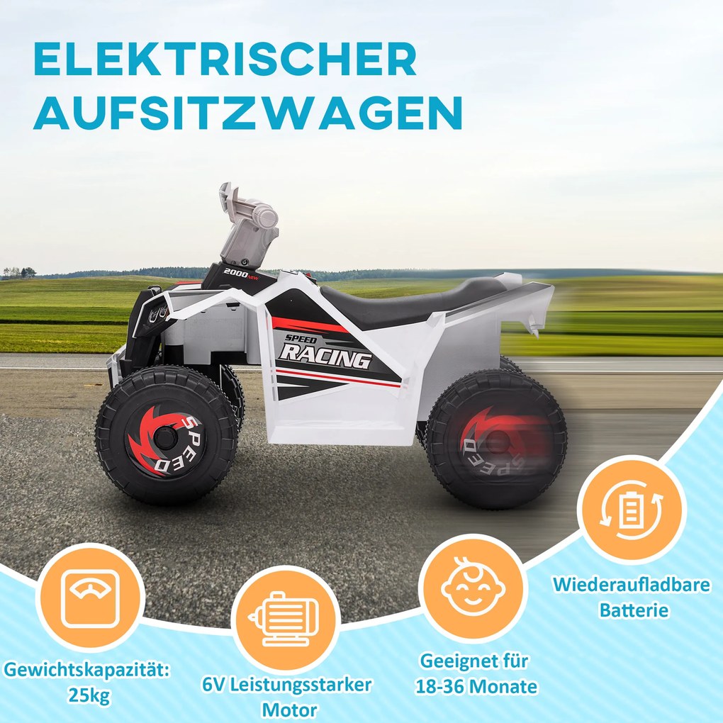 HOMCOM dětská elektrická čtyřkolka Mini elektrická čtyřkolka 6V s funkcí jízdy vpřed a vzad pro děti 1,5-3 roky 2,5 km/h v bílé barvě