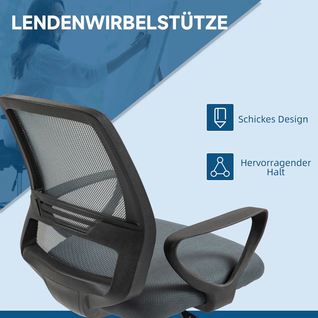 Vinsetto Kancelářská židle ergonomická židle ke stolu s područky a nastavitelným opěrným kroužkem, síťovina šedá
