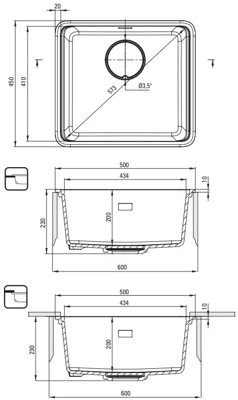 Deante Momi, 1-komorový granitový dřez 500x450x230 mm s úsporným sifonem, grafitová metalíza, DEA-ZKM_G10A