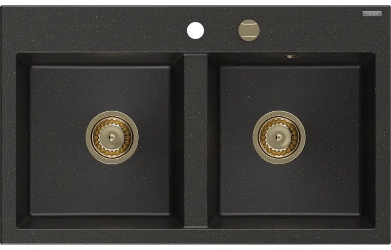 Mexen Hektor, 2-komorový granitový dřez 800x480x205 mm, černá-zlatá metalíza, zlatý sifon, 6521802000-75-G