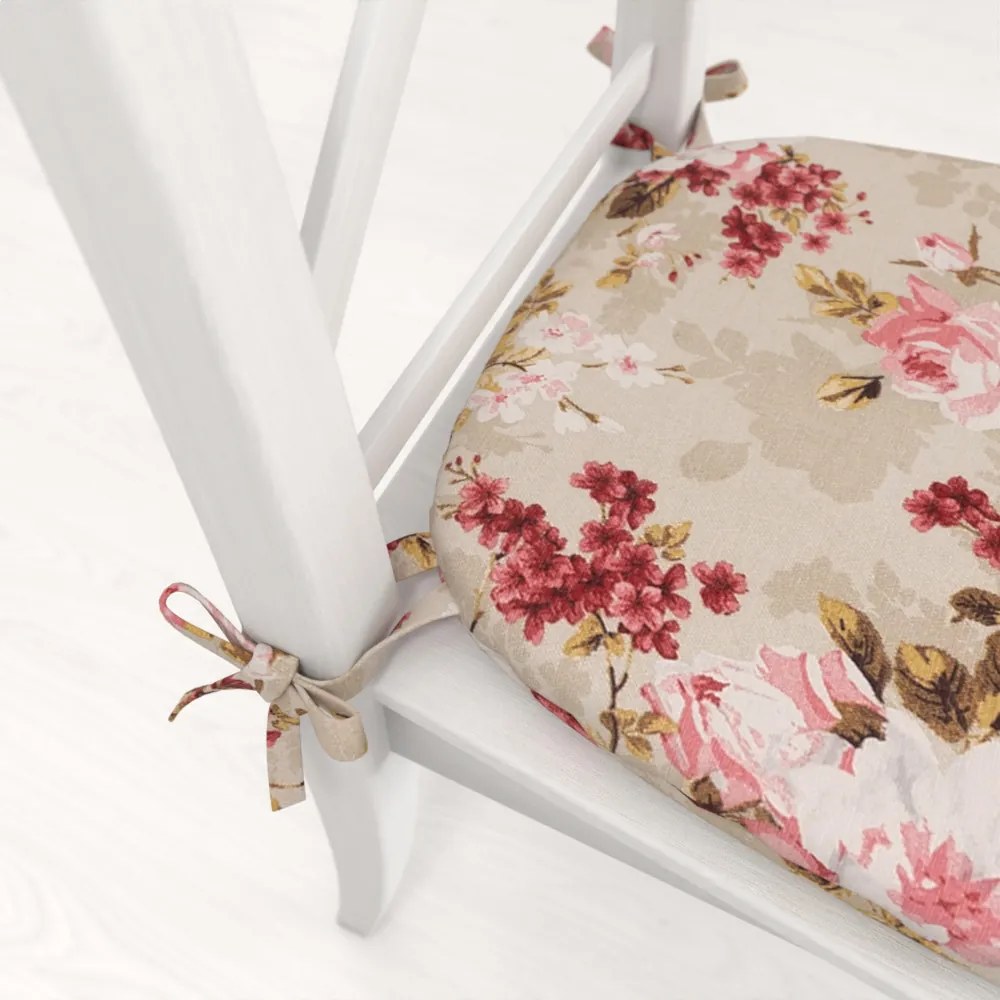 Biante Oblý podsedák Leona LN-167 Plané růže na béžovém - 39x37x3 cm