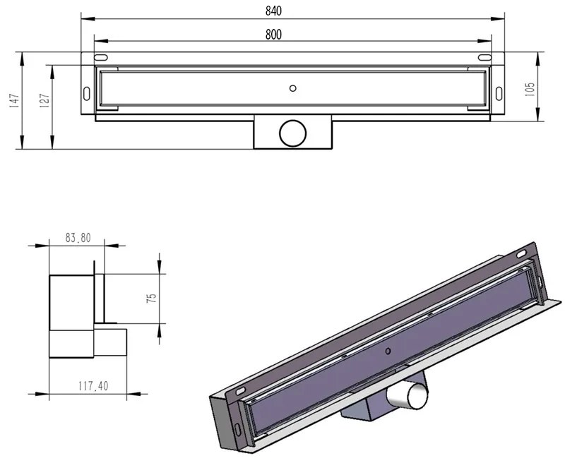 BPS-koupelny Nástěnný odtokový žlab 2in1 DL04-MURAL HYD-6137 80 cm, černý