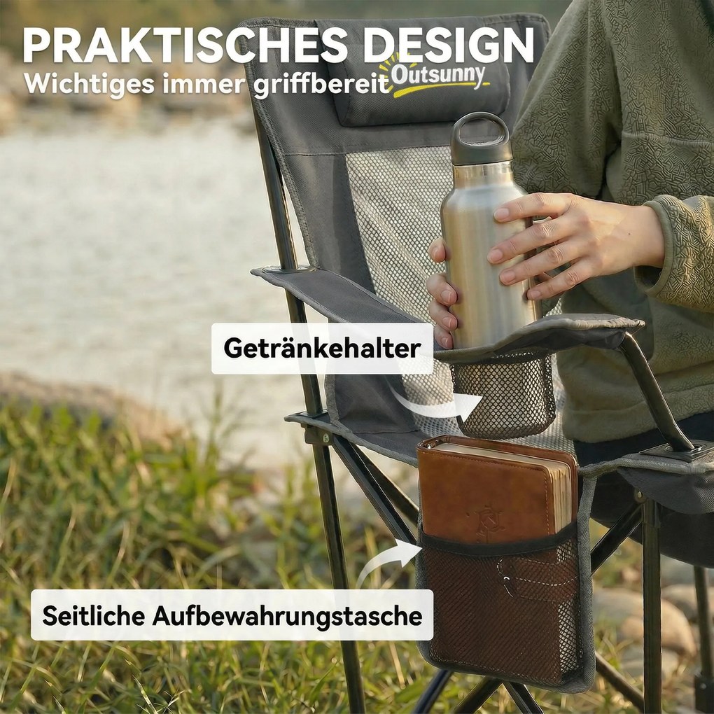 Outsunny sada 2 skládacích kempingových židlí – nastavitelná opěrka zad, opěrka nohou, držák na nápoj a opěrka hlavy, zahradní a plážové, nosnost 120…