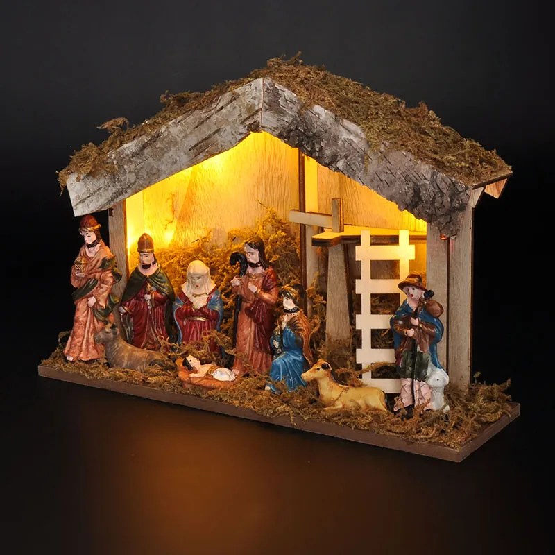 SOLIGHT LED dřevěný betlém podsvícený, 26 x 17cm, 6x LED, 2x AA
