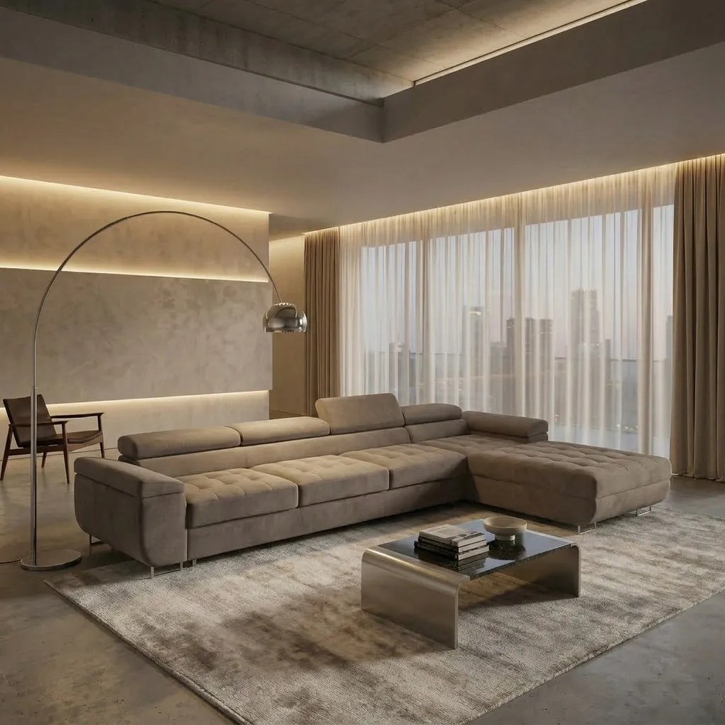 Rohová rozkládací sedací souprava do L CORTELE, 331 cm, s úložným prostorem Roh pohovky: Pravý roh, Barva látky Monolith: Světle šedá (Monolith 84)