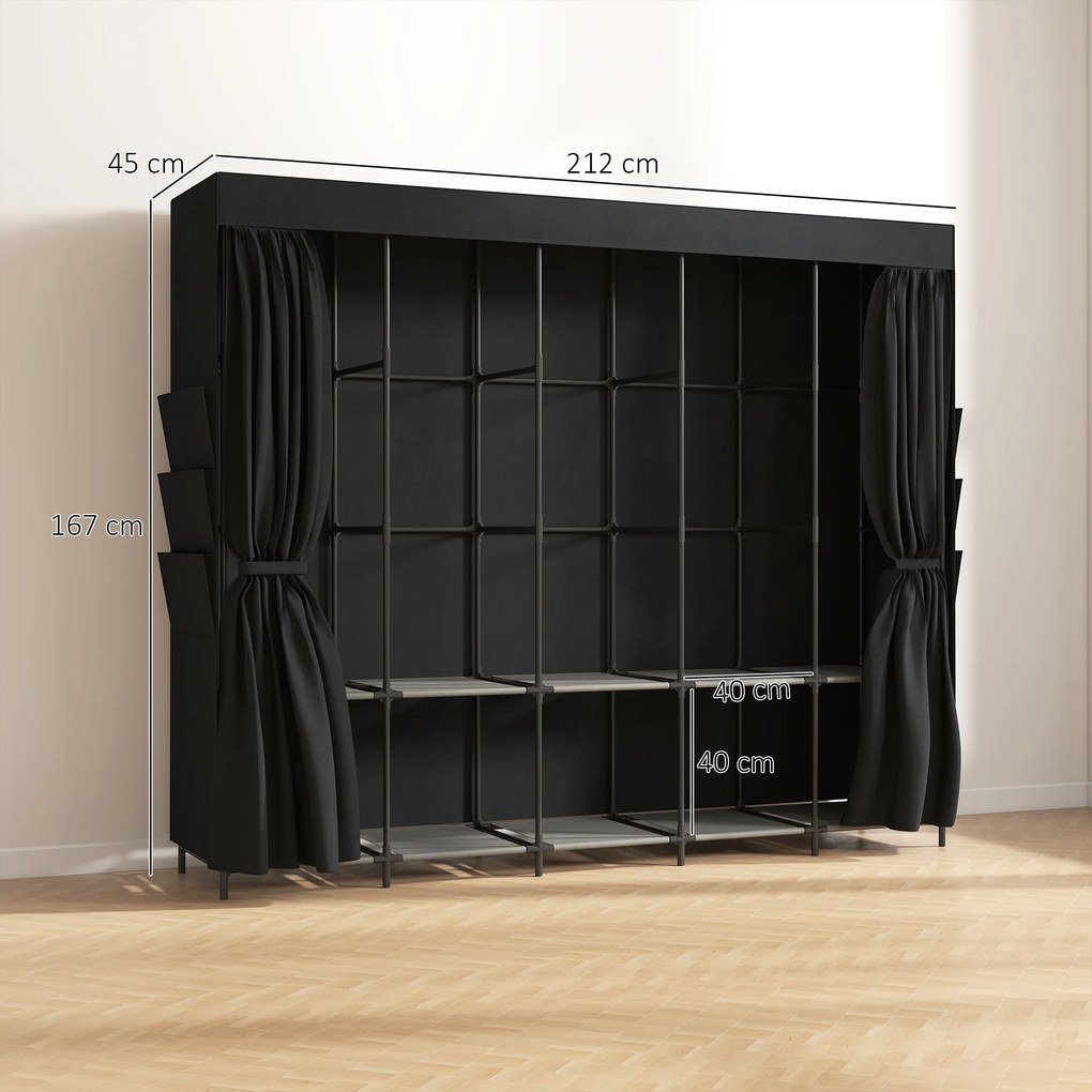 HOMCOM Textilní skříň, neprůvanová, přenosná, 5 ramínek na šaty, 212 x 45 x 167 cm, černá