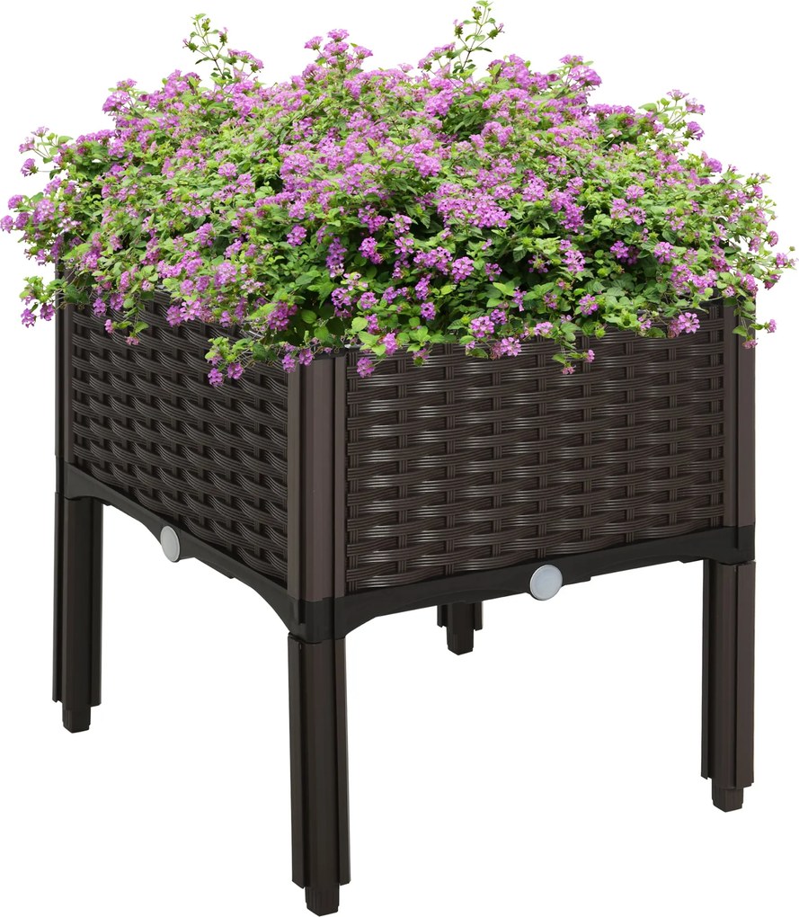 Zvýšený záhon Outsunny, květináč s drenážními otvory, květinový box v ratanovém vzhledu, plast, hnědý, 40 x 40 x 44 cm | Aosom