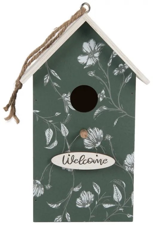 Zelená dřevěná budka pro ptáčky s listy a cedulí Welcome – 15x10x22 cm