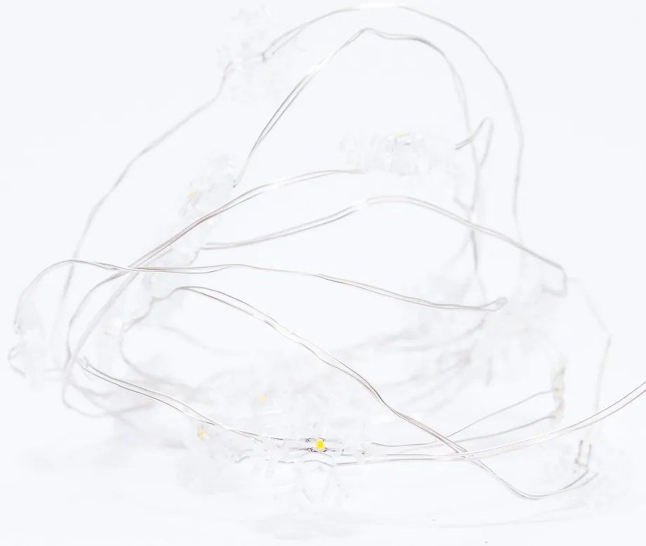 LED světýlka na baterie, vločky, 2,3 m, teple bílá, 20 diod, čirý kabel, IP20 interiér, 3 × AA