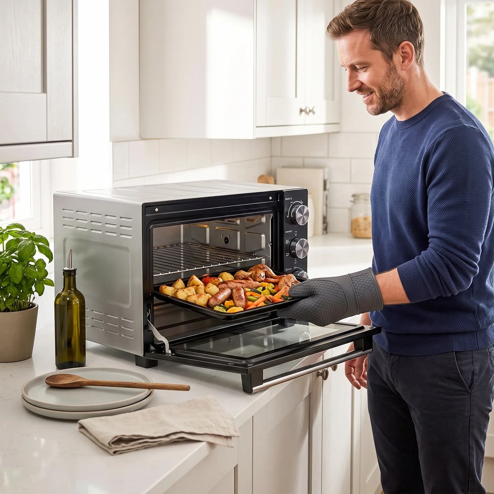 HOMCOM elektrická trouba 1500 W 28 L s regulovatelnou teplotou až do 230 °C, 60 min časovač, rošt, plech na pečení, rukojeť