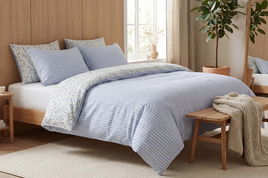 Krepové prodloužené povlečení Borghese modré s pruhem Velikost: 140 x 220 + 70 x 90