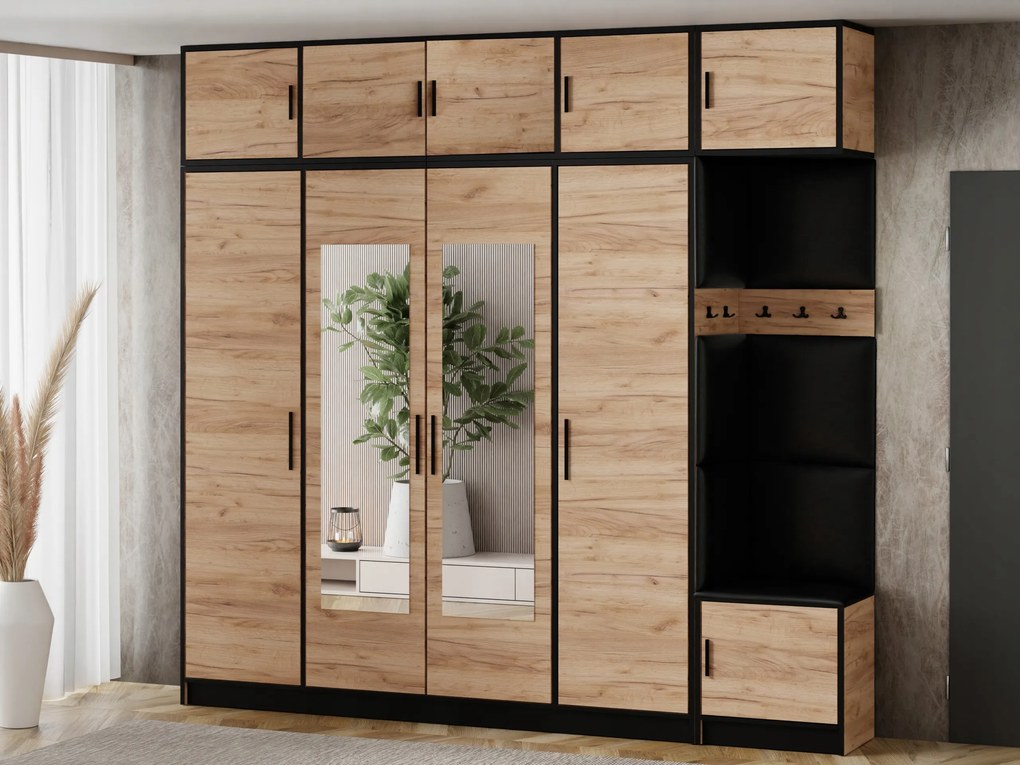 Šatní skříň s nástavcem ROJ 15 dub Craft zlatý + ecoskóra černý