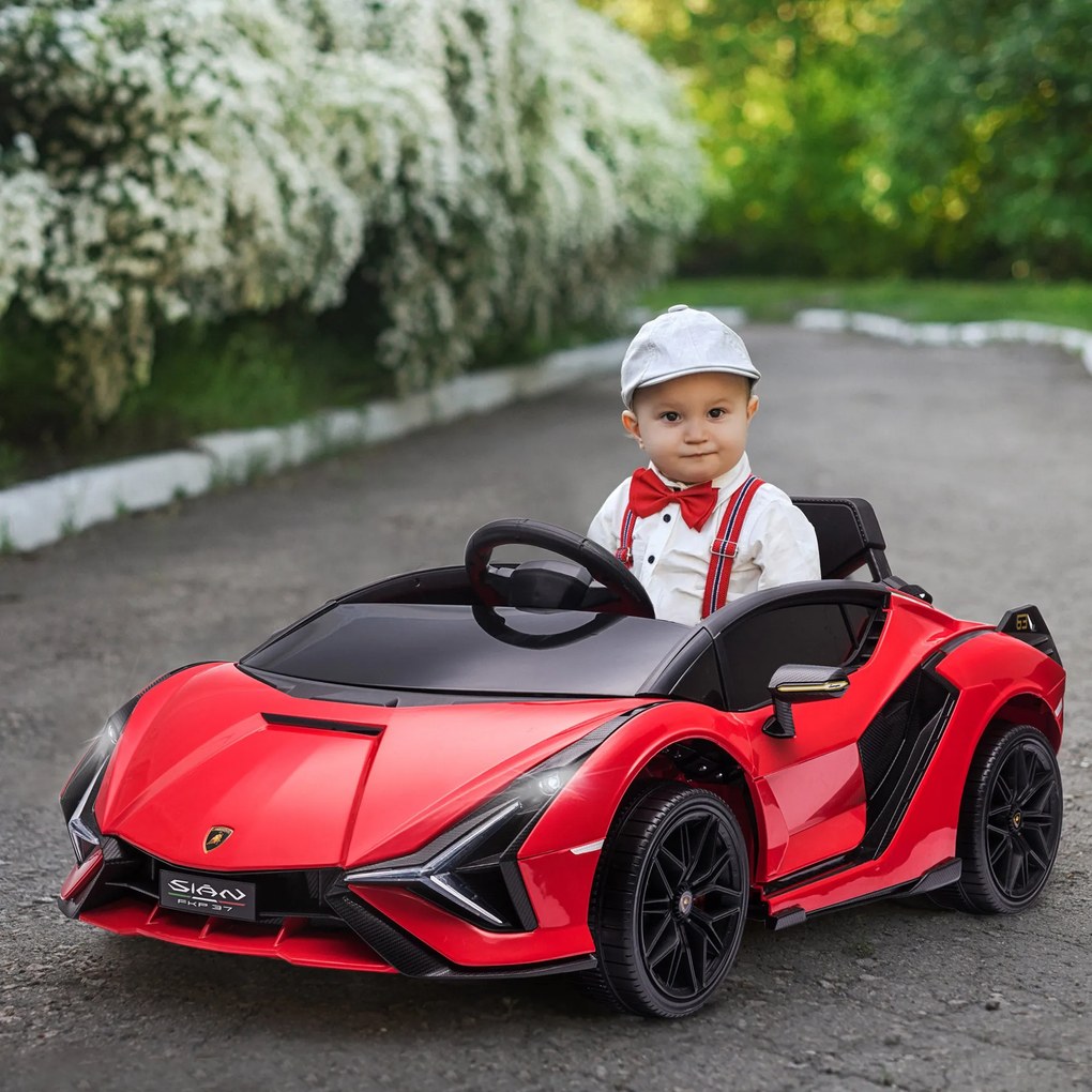 HOMCOM Elektroauto pro děti 12V 2 režimy Lamborghini SIAN SUV s dálkovým ovládáním, hudbou (MP3/USB), světly, pro děti 3-5 let, kovová červená 108 x 6