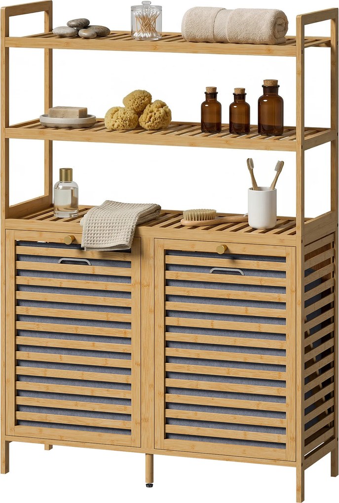 HOMCOM bambusová skříňka do koupelny s koši na prádlo – 3patrové úložiště se 2 odnímatelnými látkovými koši, 80 × 30 × 118 cm, dub