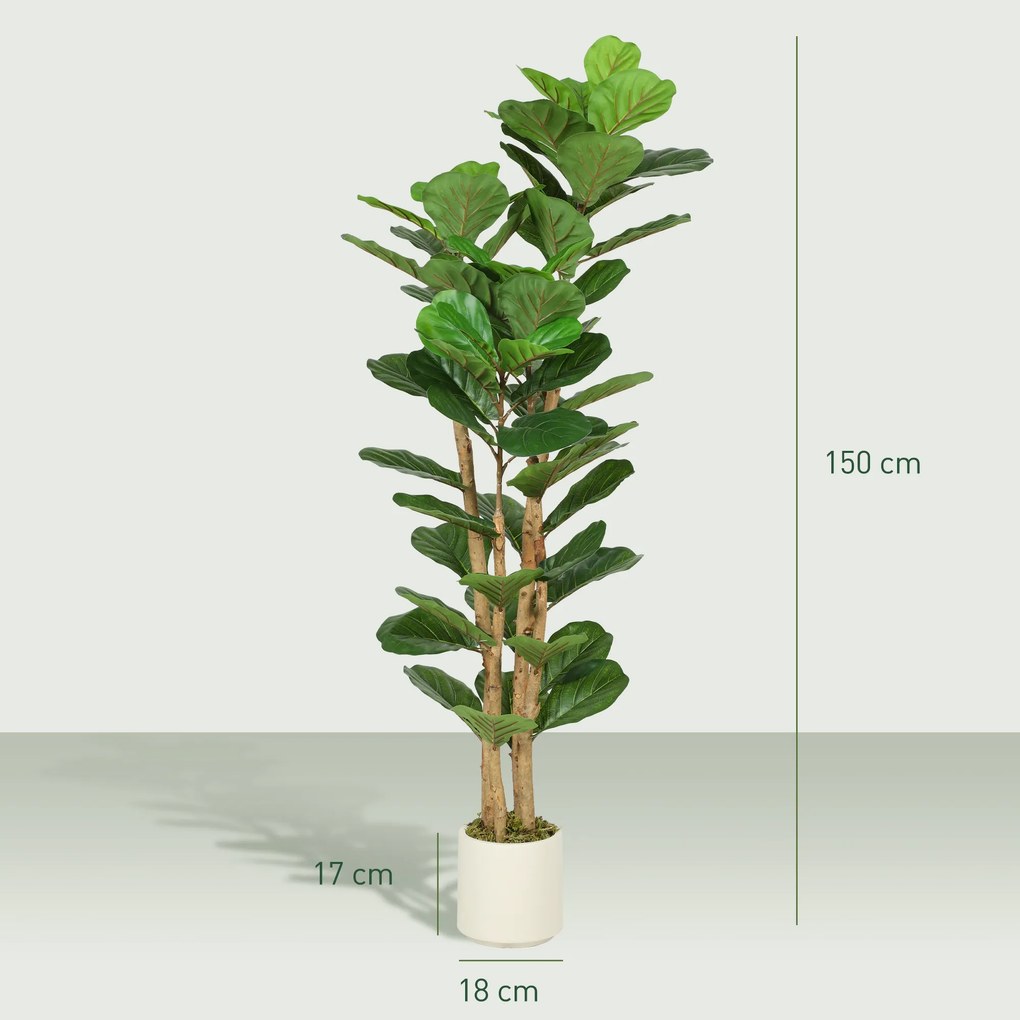 HOMCOM umělý fíkus lyrovitý, 150 cm – 71 listů, dřevěný kmen, v květináči, realistické plastové listí pro obývací pokoj, ložnici, kancelář, zahradu
