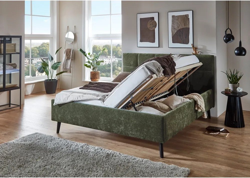 Khaki čalouněná dvoulůžková postel s úložným prostorem s roštem 180x200 cm Nova – Meise Möbel