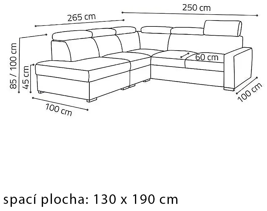 Sedací souprava PEDRO L | 265x250 cm | rozkládací + 2x úložný prostor | polohovatelné záhlavníky | VÝBĚR TKANIN