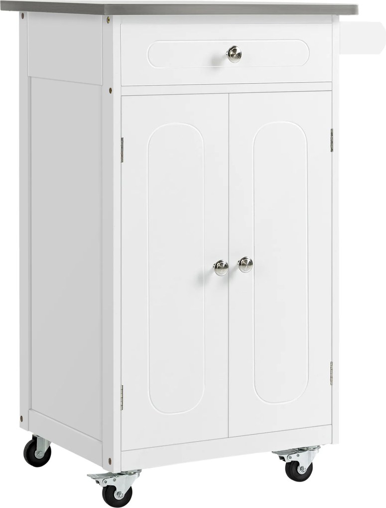 HOMCOM Bílý Kitchen Island Trolley z MDF a nerezové oceli s kolečky, víceúložný, 1 zásuvka, skříňka s 2 dveřmi a držákem na utěrku