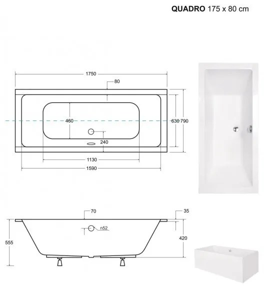 BESCO Obdélníková vana QUADRO SLIM Nožičky k vaně - S nožičkami, Rozměr vany - 175 × 80 cm - VANQAUD175SLIM+OLVPINOZ