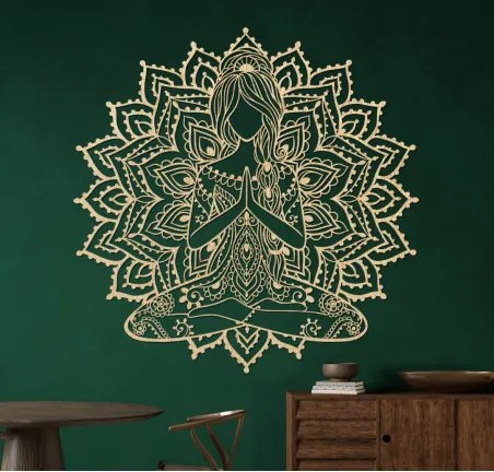 Dřevěná mandala jóga žena – 3D obraz na zeď do obývacího pokoje | SENTOP PR0511