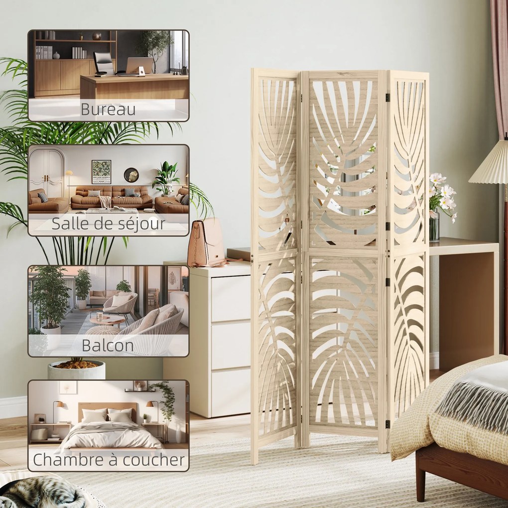 HOMCOM 3-panelový skládací paraván 120x170 cm s potiskem tropického palmového listu pro obývací pokoj, ložnici a kancelář v přírodní barvě