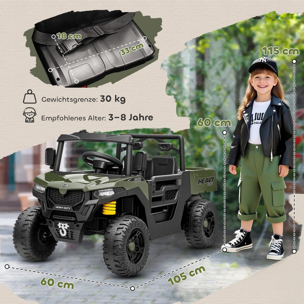 AIYAPLAY Elektrické vozidlo, 2 motory, zavazadlový prostor, design UTV, hudební funkce, zelené