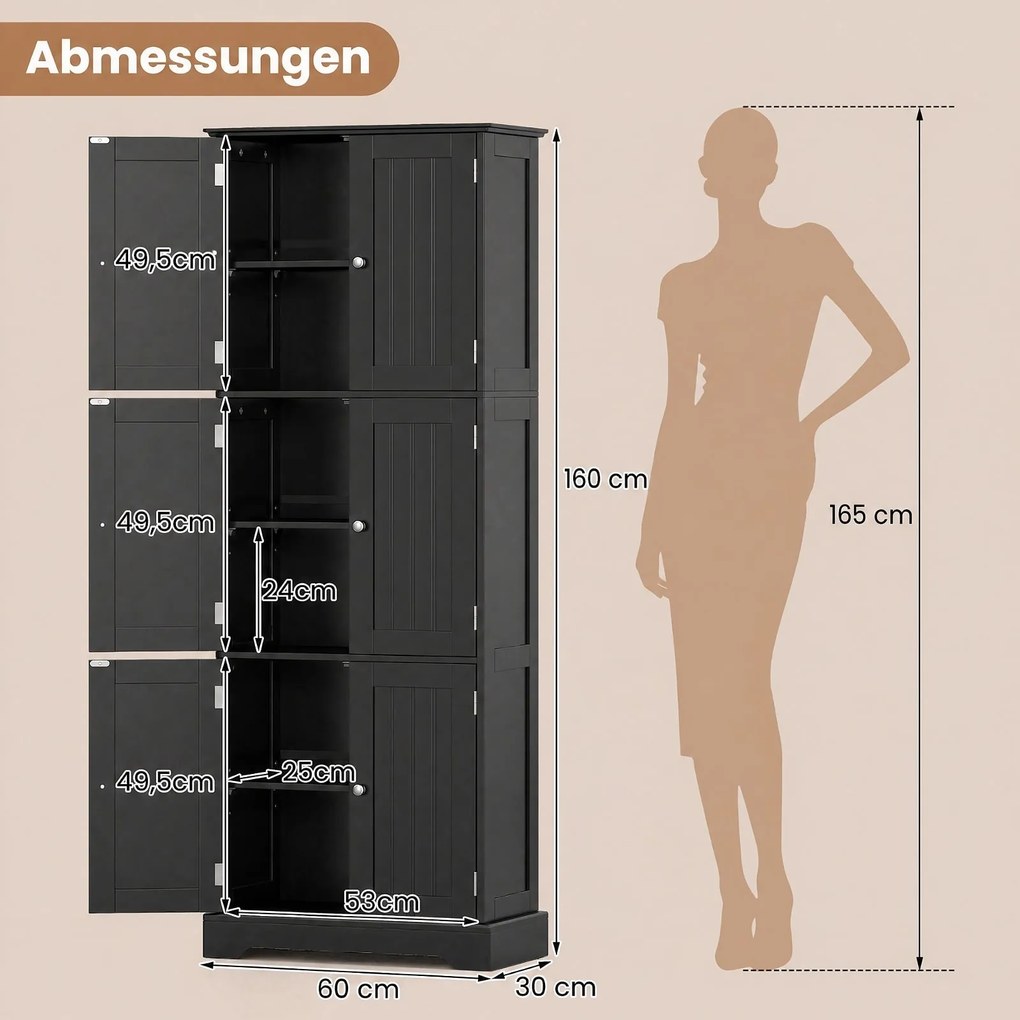 Costway Volně stojící vysoká skříň s 6 dvířky a 3 uzavřenými – 60 × 30 × 160 cm