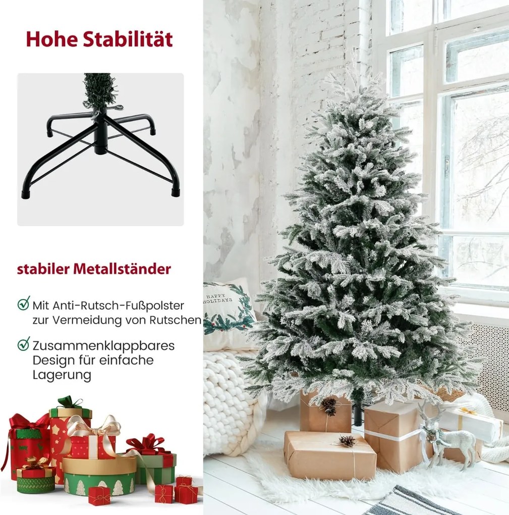 Costway 180 cm Umělý vánoční stromeček se sněhem a světly a 1022 smíšené větve