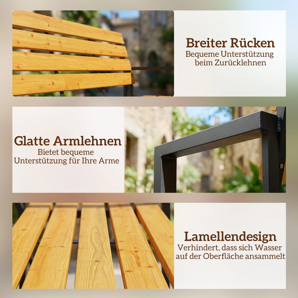 Outsunny zahradní lavice pro 2 osoby — dřevěné lamely s područkami, 136 × 54 × 82 cm (přírodní dřevo)