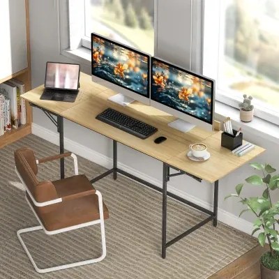 HOMCOM Sklápěcí počítačový stůl se 2 vysouvacími deskami, hodně místa pro monitory, kovové nohy, robustní konstrukce, dub+černá