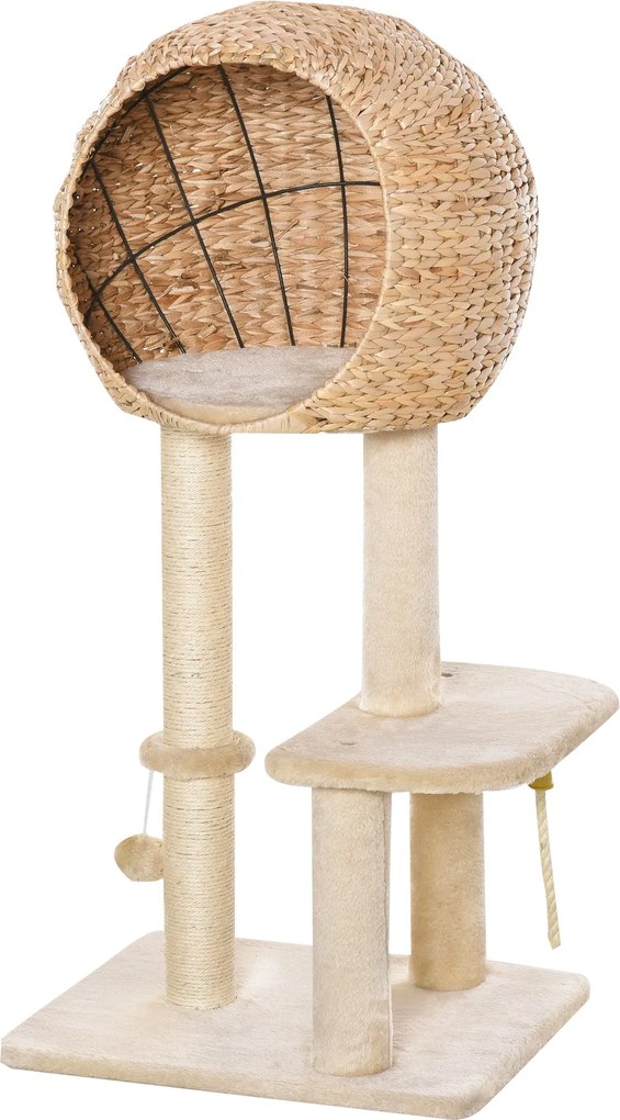 PawHut 100 cm Cat Tree s jeskyní, míčkem na hraní, sisalovými sloupky, platformou, víceúrovňovým škrabacím stromem pro kočky střední velikosti, béžová