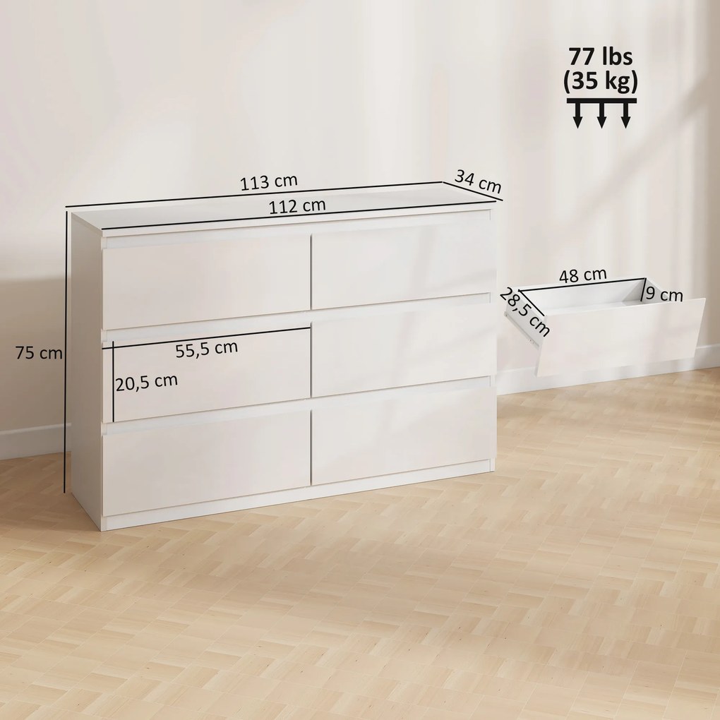 HOMCOM komoda do ložnice s 6 zásuvkami, zásuvková komoda pro obývací pokoj a kancelář, moderní styl, 112x34x75 cm, vysoký lesk bílá