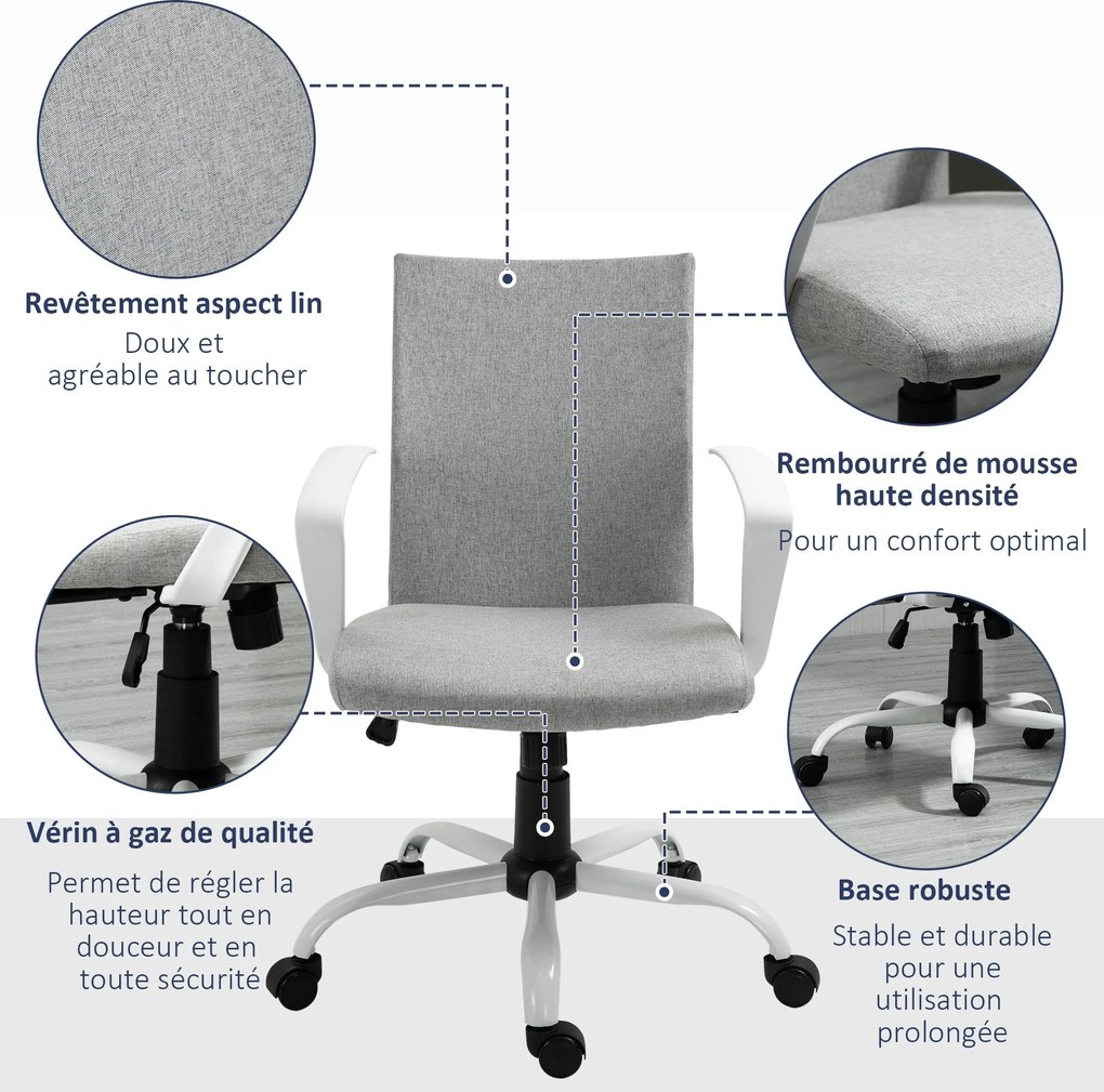 Vinsetto Kancelářská Židle s Nastavitelnou Výškou, Houpací Funkcí, Otáčecí Kancelářská Židle s Nosností 120 Kg, 61 x 99 cm Světle Šedá a Bílá