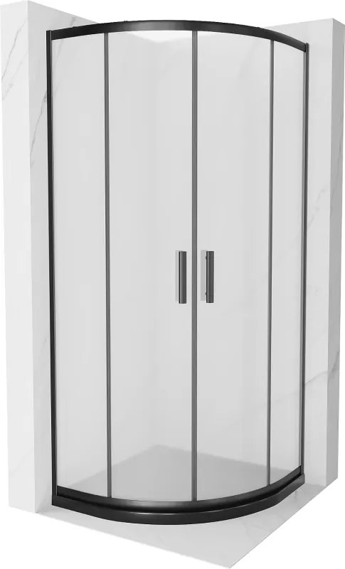 Mexen Rio, čtvrtkruhový sprchový kout 90(dveře)x90(dveře)x190 cm, 5mm sklo námraza, černý profil + černá sprchová vanička SLIM, 863-090-090-70-30-4170B