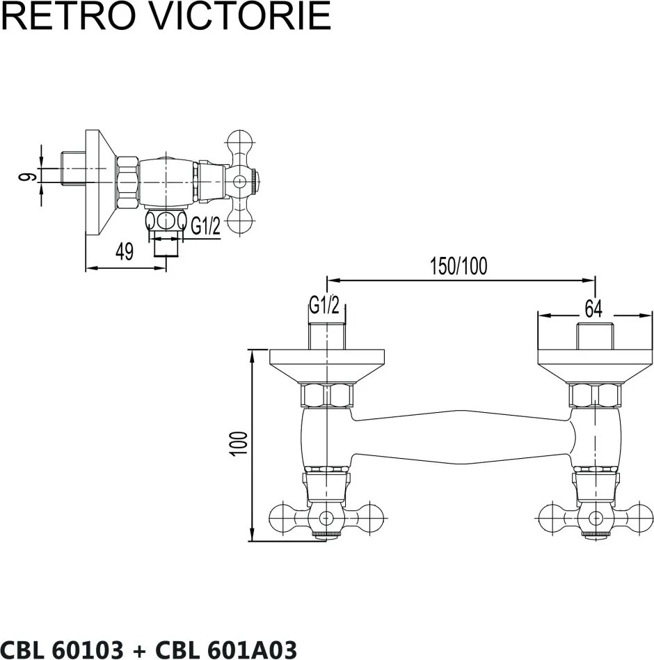 Mereo Mereo, Sprchová nástěnná baterie, Retro Viktorie, bez příslušenství, chrom, CBL601A03