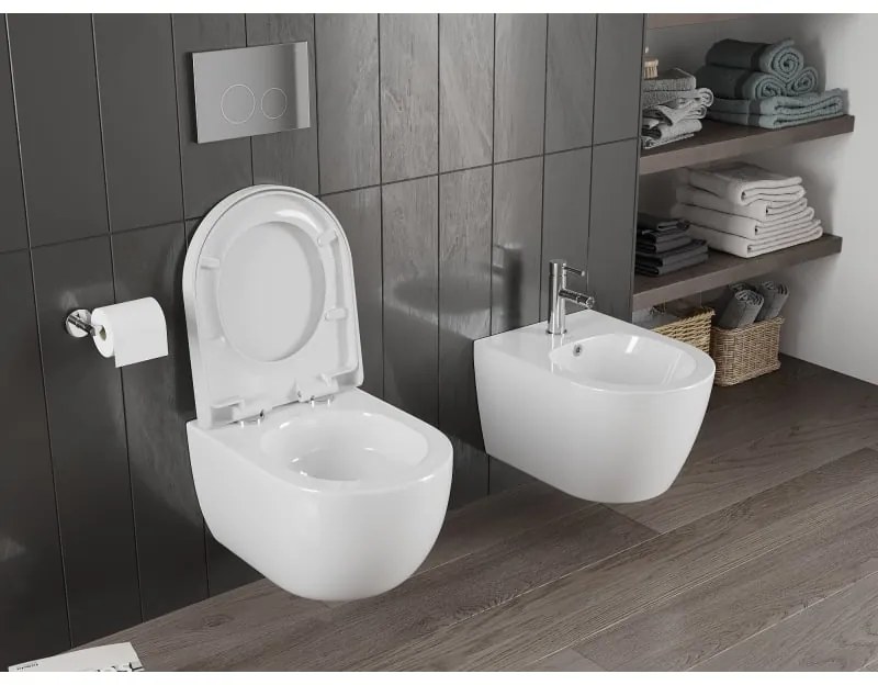 Mexen Carmen, závěsná WC mísa 490x365x340 mm, Rimless Tornádo + WC sedátko z duroplastu, bílá lesklá, 30880200T