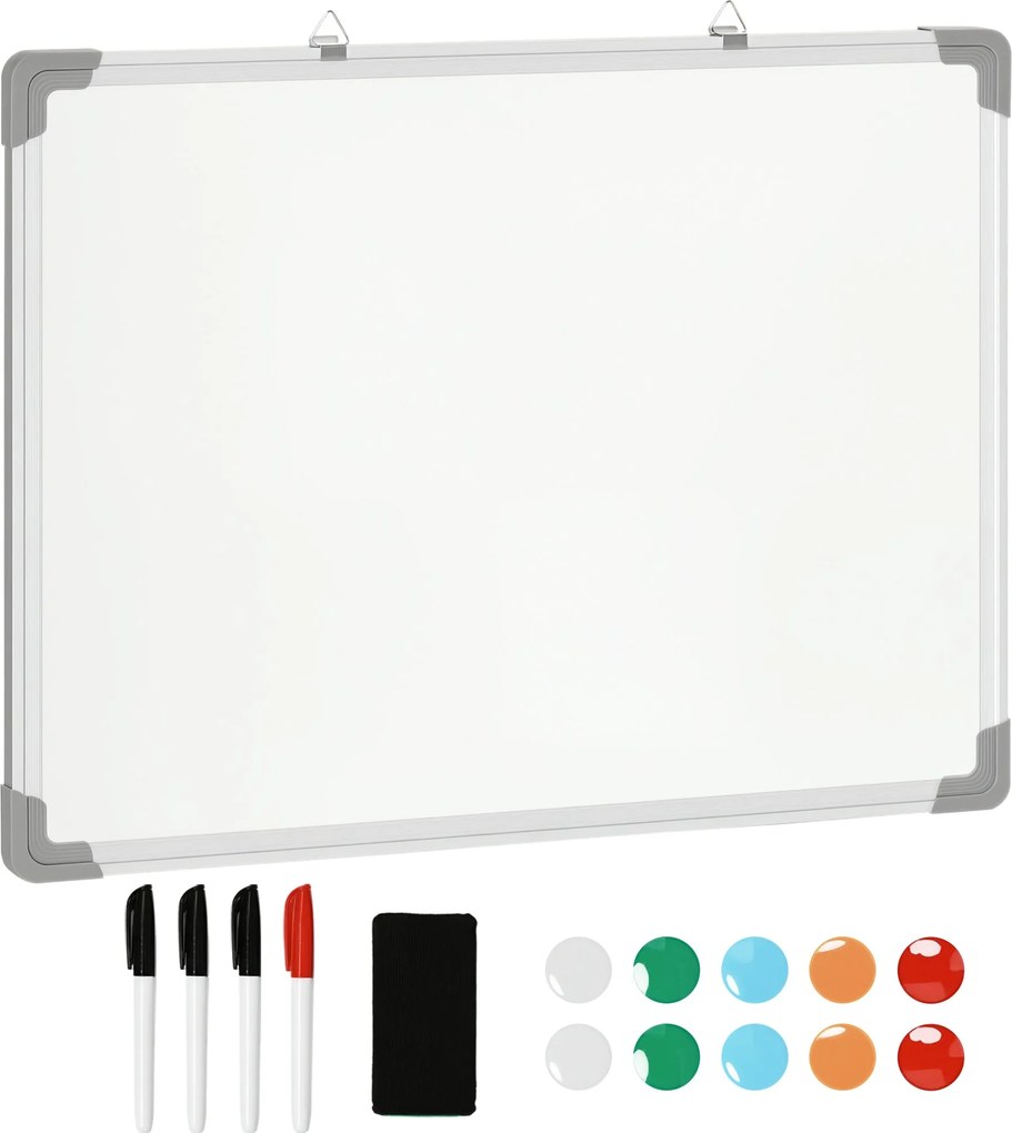 HOMCOM Magnetická tabule s bílou plochou – 4 fixy, 1 guma, 10 magnetů, stojan, montáž na zeď, snadno stíratelná, 60 x 1,8 x 45 cm | Aosom