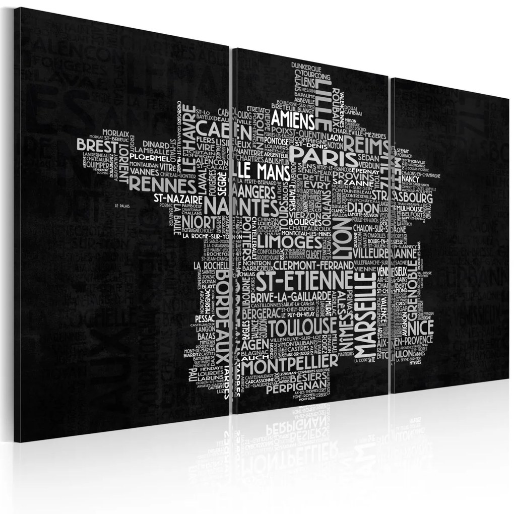 Obraz - Text map of France on the black background - triptych