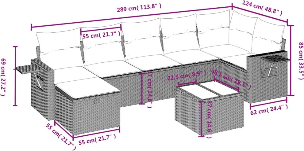 8dílná zahradní sedací souprava s poduškami černá polyratan 3263822
