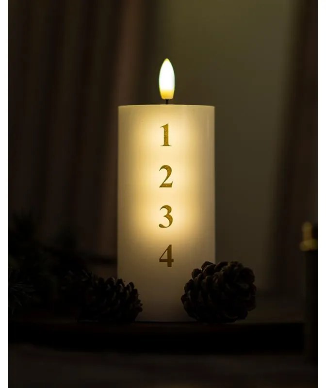 LED svíčka na baterie vosková Sille adventní s čísly, Ø 7 × 15 cm, bílá/zlatá
