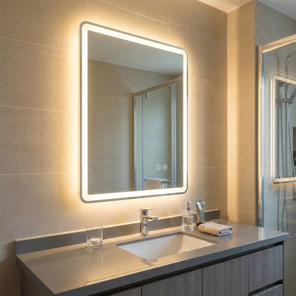 Costway Koupelnové zrcadlo s LED osvětlením a nástěnné zrcadlo – 70 × 50 × 3 cm