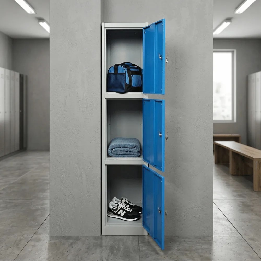 Kovová šatní skříňka - 3 boxy, 38 x 45 x 185 cm, otočný zámek, šedá - ral 7035